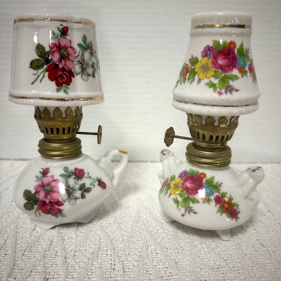 Accents | Vintage Floral Hand Painted Ceramic Miniature Oil Lamps Set ...